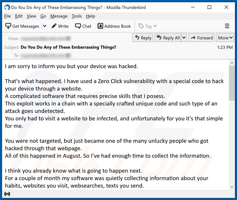 I Am Sorry To Inform You But Your Device Was Hacked Email Scam